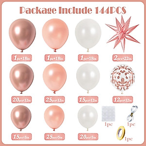 Rose Gold Balloons Arch Kit,144pcs Metallic Rose Gold Confetti Balloon Garland for Women Rose Gold Birthday Party Decorations Bridal Shower Baby Shower Bachelorette Party Decorations