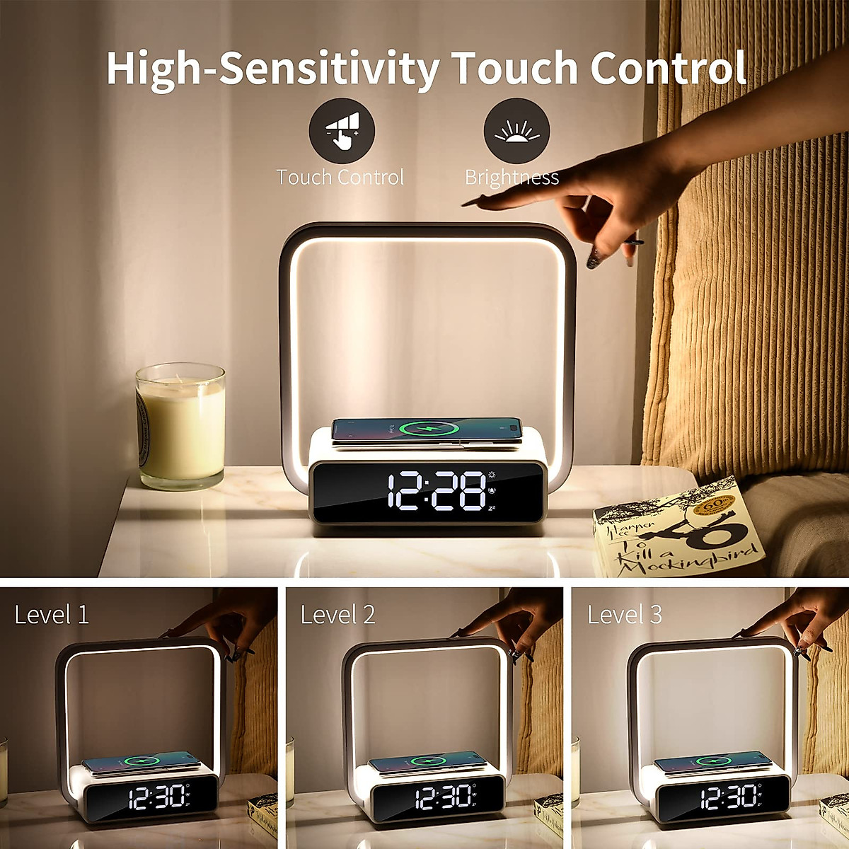 Guidea Alarm Clock Lamp, Wake-Up Light with Sunrise Simulation, Bedside Lamp with Clock, Table Lamp with Wireless Charger, Touch LED Night Light