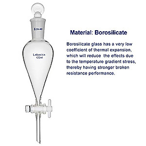 Labasics Borosilicate Glass 125ml Conical Separatory Funnel with PTFE Stopcock, 125mL