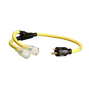 Woods Coleman Cable 01915 3-Feet Generator Power Cord Adapter, 10/3 Splitter Y Adapter, L5-30P to (2) Lighted 5-20R