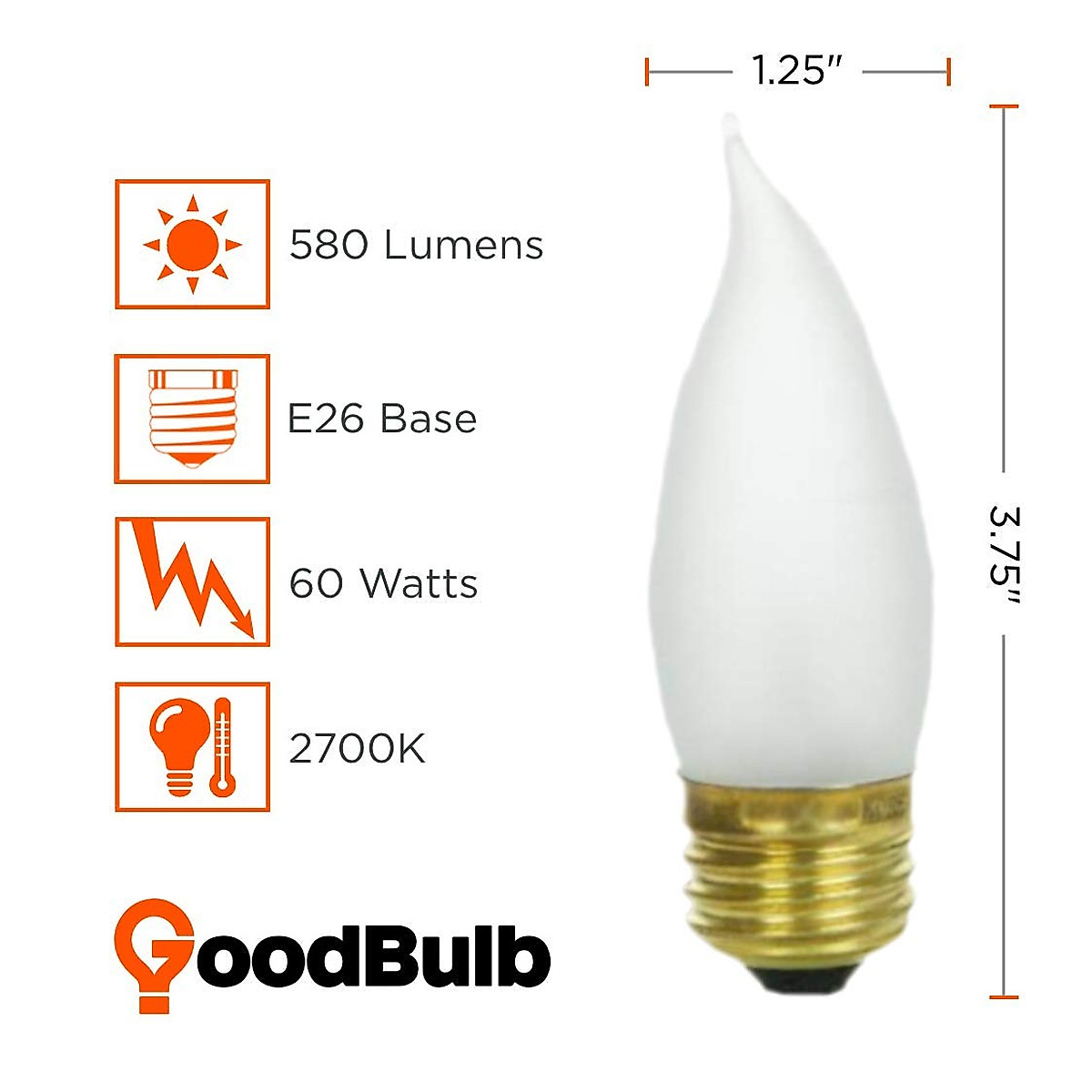 GoodBulb 25 Watt Flame Tip Light Bulbs | CA10 Frosted Finish Medium E26 Base 2700K Soft White EFF | Dimmable 25W 175 Lumens | Decorative Chandelier Bulbs | Incandescent (Pack of 12)