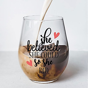 Perfectinsoy She Believed She Could So She Did Wine Glass with Gift Box, Funny Stemless Wine Glass 15 oz, Spiritual Inspirational Gifts, Graduation Gift for her for Women