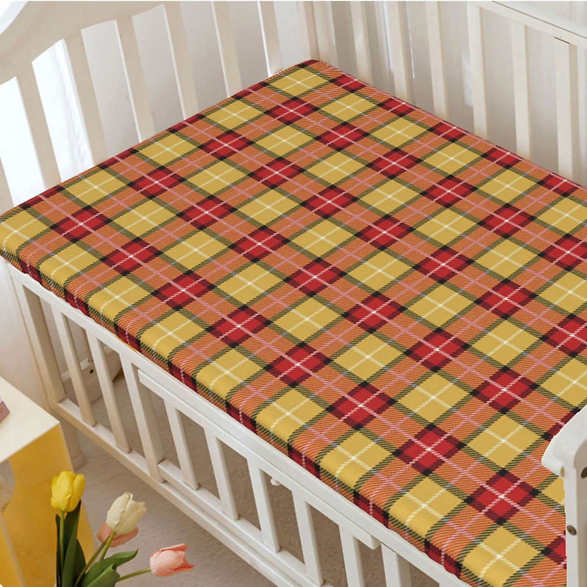 Plaid Themed Fitted Mini Crib Sheets,Portable Mini Crib Sheets Toddler Bed Mattress Sheets-Crib Mattress Sheet or Toddler Bed Sheet,24“ x38“,Salmon Earth Yellow