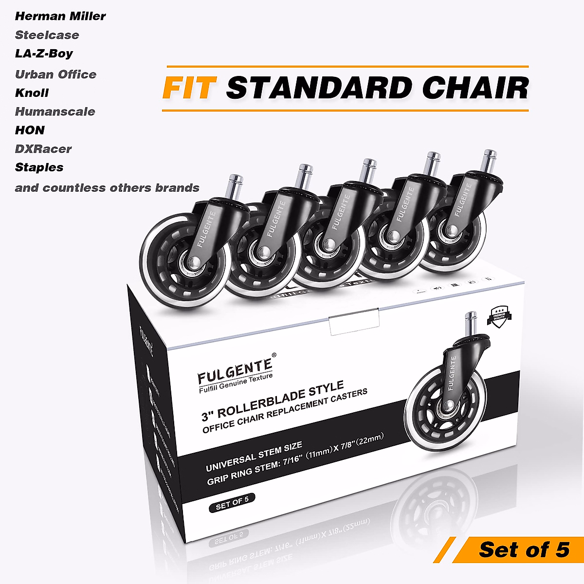 Fulgente Office Chair Caster Wheels(Set of 5), Heavy Duty Protection for Hardwood & Tile Floors Without Mat, Replacement Rubber Chair Casters Universal Fit 7/16 inch -Quick & Quiet Rolling Over Cables