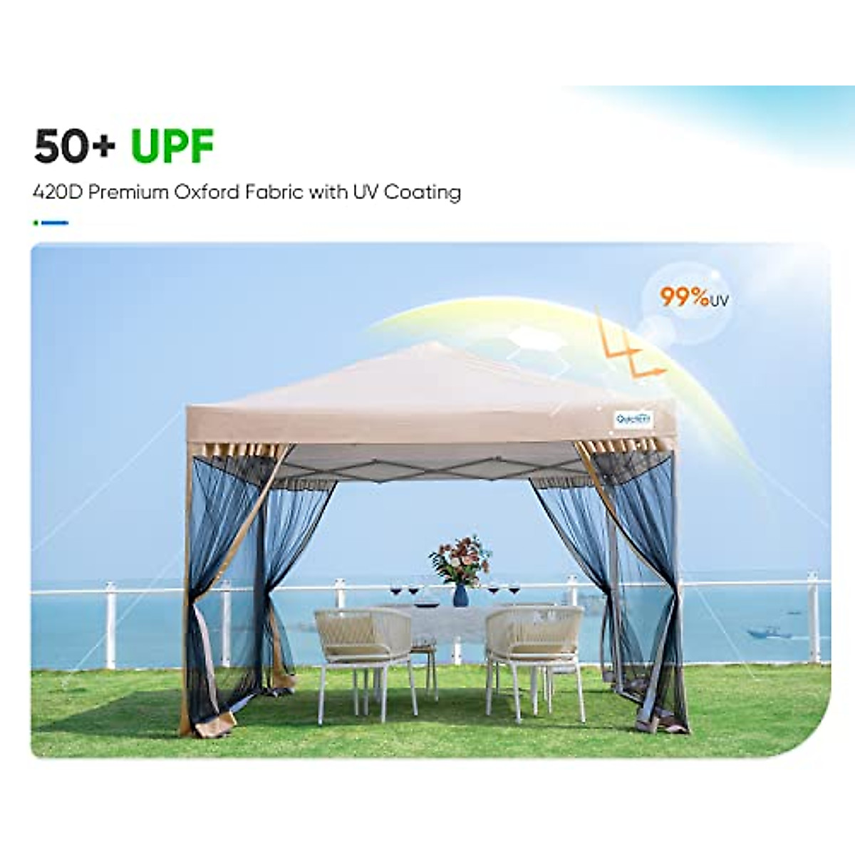 Quictent 10'x10' Pop up Canopy Tent with Netting, Outdoor Instant Portable Gazebo Ez up Screen House Room Tent -Fully Sealed, Waterproof & Sand Bags Included (Tan)
