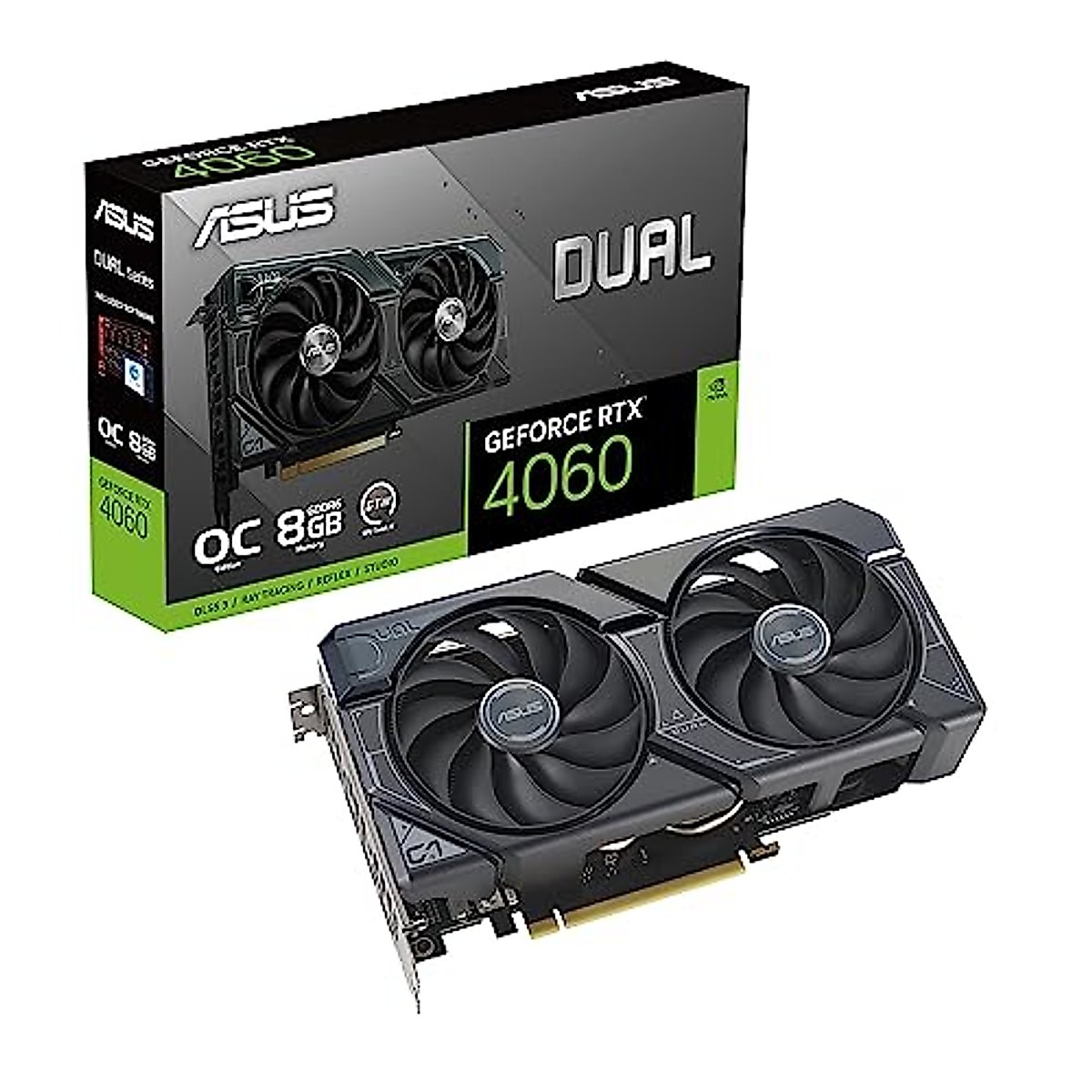 ASUS Dual GeForce RTX 4060 OC Edition 8GB GDDR6 (PCIe 4.0, 8GB GDDR6, DLSS 3, HDMI 2.1a, DisplayPort 1.4a, 2.5-slot design, Axial-tech fan design, 0dB technology, and more)