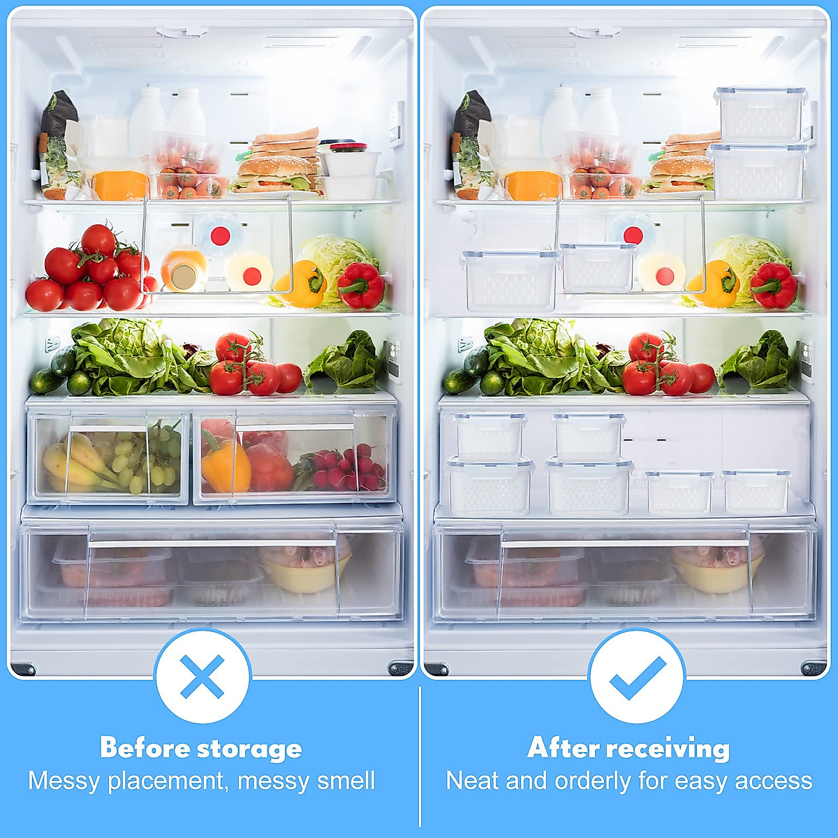 6 Pcs Fruit Storage Containers for Fridge, Food Storage Containers Berry Produce Fridge Organizer with Removable Colander Keep Fruits, Vegetable, Veggie, Meat Fresh Longer(Small, Medium, Large)