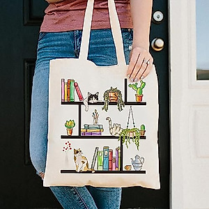 Fertkxsi Cute Cat Canvas Totes Bag Aesthetic for Women Floral plant Print Tote Bags book totes shopping travel beach bag
