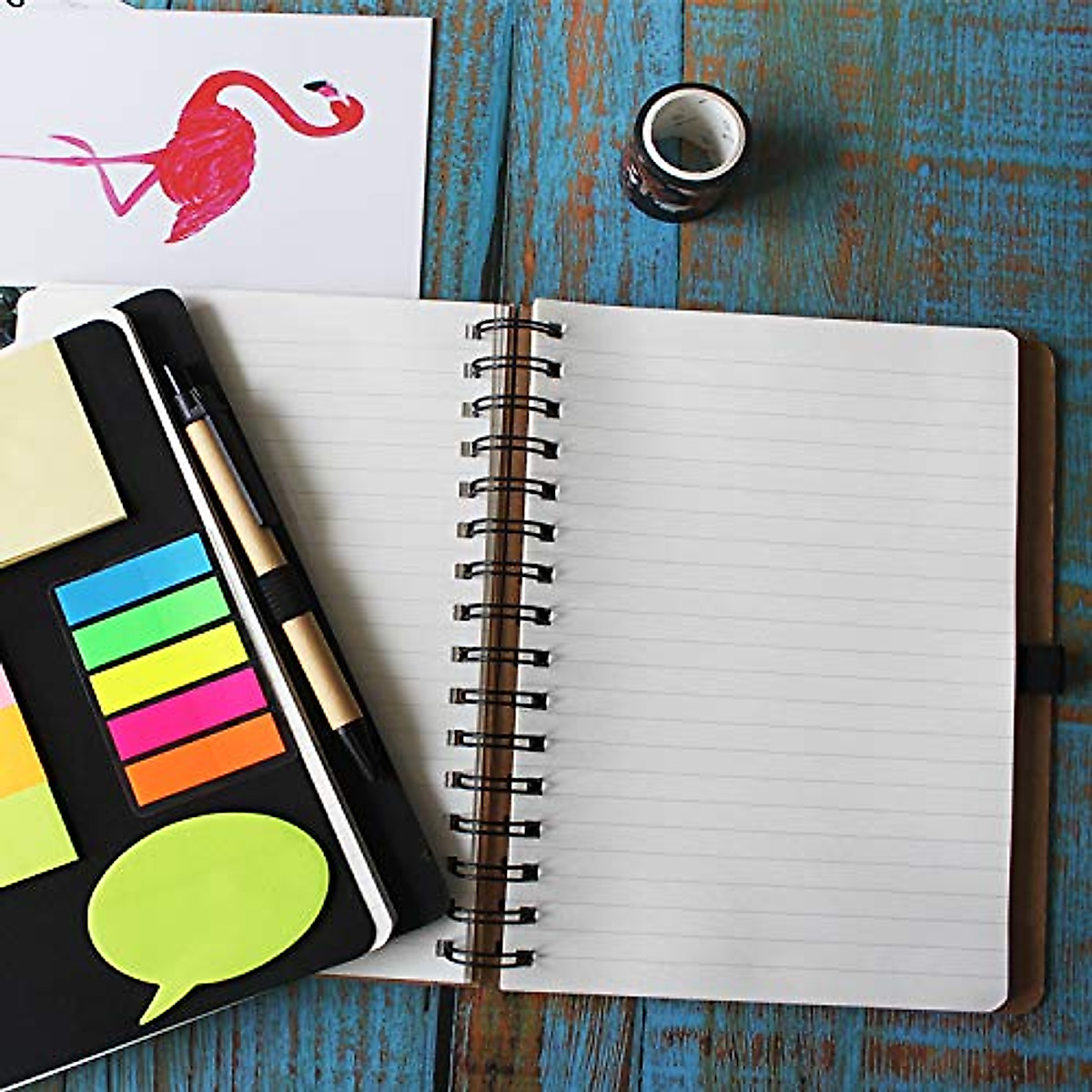 SAIBANG A5 Spiral Notebook Business Notepad with Pen in Holder and Sticky Notes Index Tabs Page Markers for School Office, 18 by 21 cm, 60 Sheets Totally, Kraft Cover (Khaki)