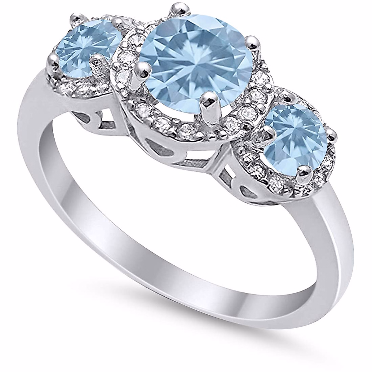 Blue Apple Co. Simulated Aquamarine CZ Size-11 3 Stone Halo Wedding Band Ring Round Simulated Cubic Zirconia 925 Sterling Silver