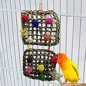 Bird Foraging Wall Toy Natural Seagrass Woven Parrot Activity Wall Hanging Hammock Cage Intelligence Chew Toy with Colorful Rattan Balls for Small Parrot Parakeet Conure Cockatoo Budgie Lovebird