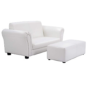 Costzon Kids Couch with Footstool, 2 in 1 Double Seat Children's Sofa w/PU Leather Surface, Armrest Chair Lounge, Soft Kids Sofa for Preschool Bedroom Kids Room Toddlers Boys Girls Birthday (White)