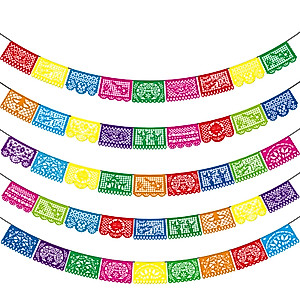 Asoulin 5 PCS Mexican Party Banners, Cinco De Mayo Mexico Decor, Fiesta Party Decoration, Easter Decor, Plastic Papel Picado, Dia De Los Muertos, Day of The Dead Decoration, 12 Patterns/90 Feet Total