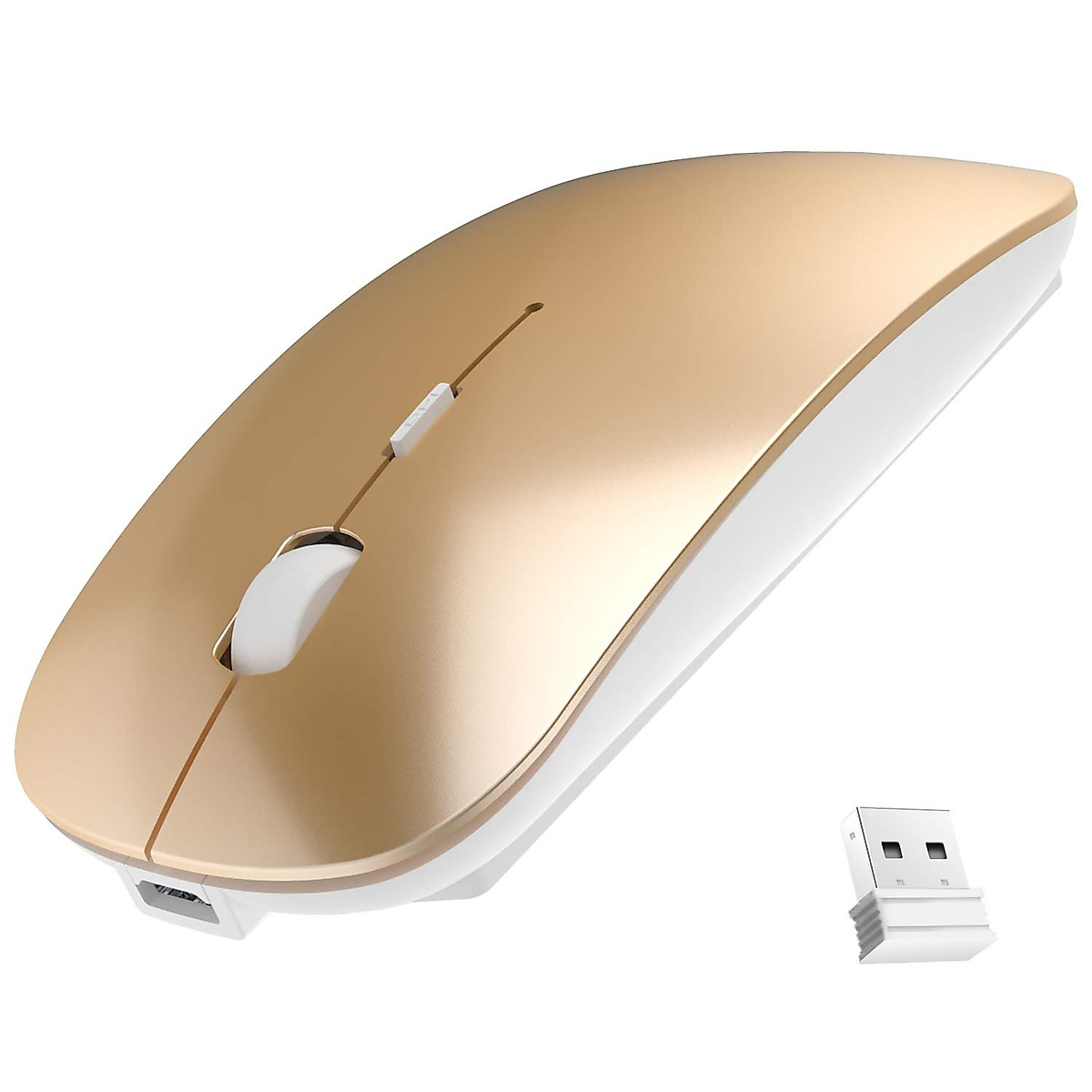 Bluetooth Wireless Mouse, Dual Mode Slim Rechargeable Wireless Mouse Silent Cordless Mouse with Bluetooth 4.0 and 2.4G Wireless, Compatible with Laptop, PC, Windows Mac Android OS Tablet (Gold)