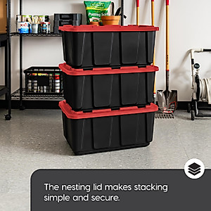 IRIS USA 27 Gallon Large Heavy Duty Storage Bins with Lids, 4 Pack - Made in USA, Snap On Lid Stackable Industrial Tough Totes, Rugged Tubs, Garage Organization, Rugged Reusable Boxes - Black/Red