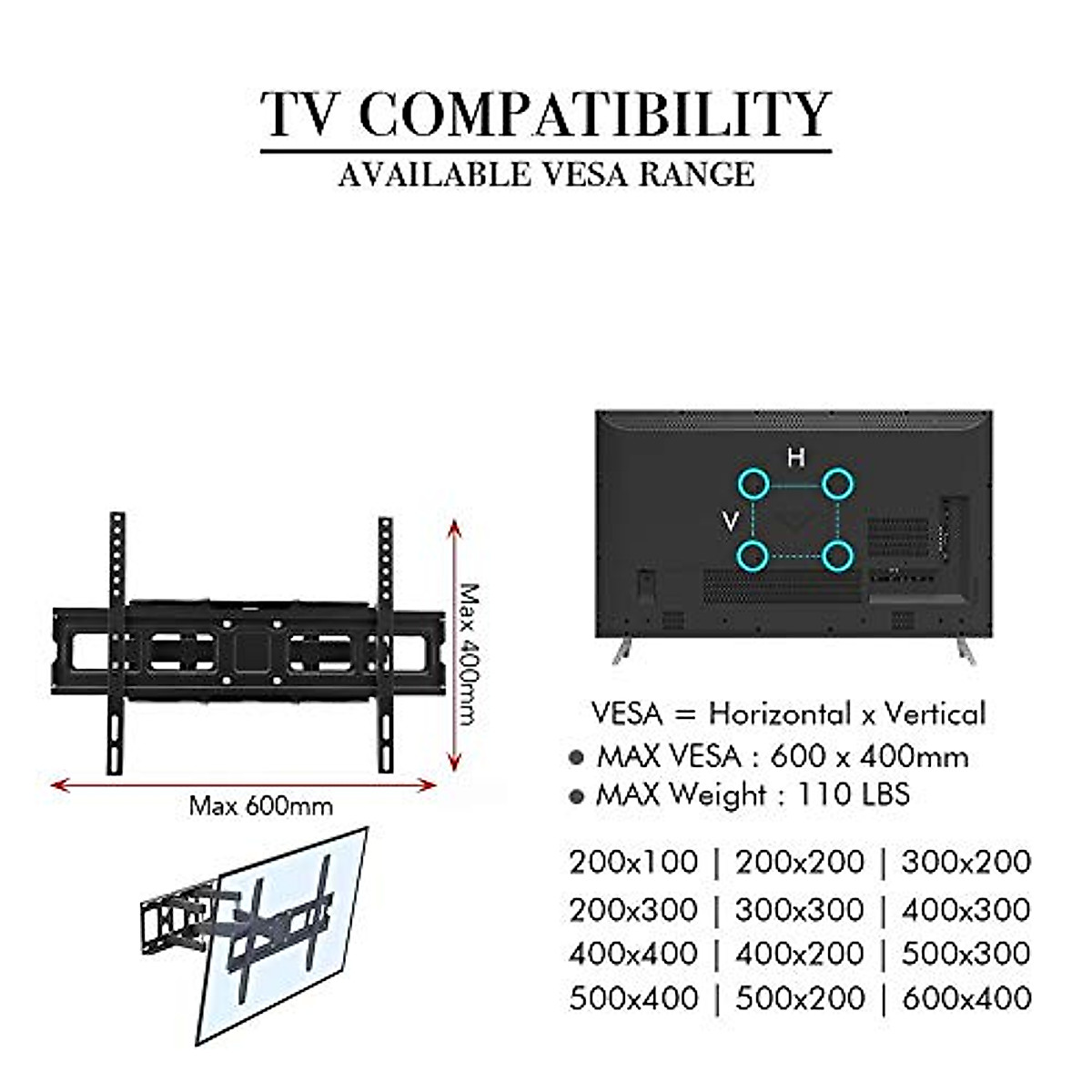 Stainless Steel Portable TV Wall Stand for Most 32-70 Inches Flat Curved TVs,Slim TV Wall Bracket up to 50KG Tilting Height Adjustable, Max VESA 600x400mm
