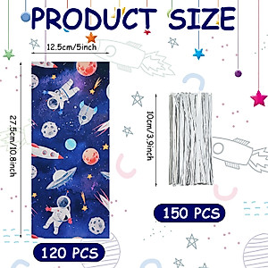120 Pack Outer Space Party Bags PVC Galaxy Theme Bags Astronaut Plastic Candy Bags Outer Space Themed Candy Bags Cellophane Goodie Bags with 150 Silver Twist Ties for Birthday Party Favors Supplies