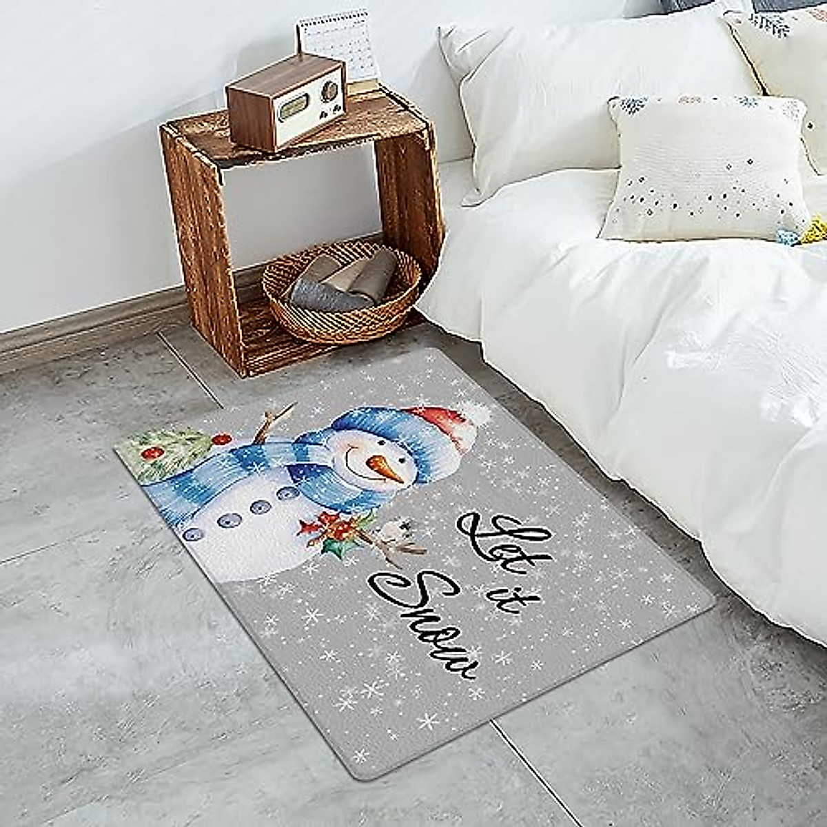 Grey Snowman Antifatigue Kitchen Bath Door Mat Cushioned Runner Rug,Washable Welcome Floor Sink Mat,Waterproof Non-Slip Comfort Standing Doormat,Christmas Winter Snowflake Bird Berry 18"x30"