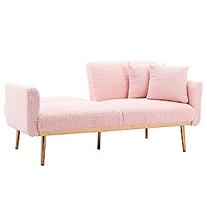 yunqishi JIANJIE 65.35" Modern Teddy Fabric Futon Sofa Bed, Small Sleeper Sofa Loveseat with 2 Pillows for Small Spaces, Upholstered Convertible Couch for Living Room Bedroom Office (Pink)