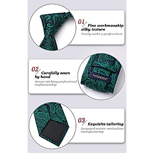 HISDERN Green Ties for Men Paisley Mens Tie Pocket Square Woven Classic Floral Tie Handkerchief Set Tuxedo Wedding Formal Necktie Emerald Forest Green