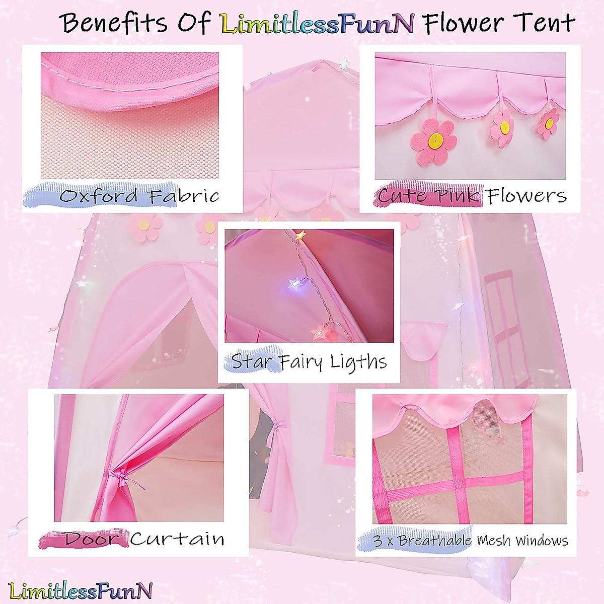 LimitlessFunN 210D Oxford Fabric Flower Kids Play Tent | Includes Star Lights & Carrying Case |, Children Indoor Castle Playhouse for Girls, Toddlers, 39" D x 51" W x 51" H