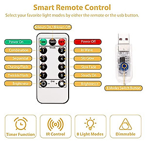 Fairy Lights, Star Stirng Lights 34 FT 100 LED, Indoor Twinkle Lights with 8 Modes, USB Hanging Wall Lights with Remote Control, Wedding Bedroom Party Christmas Decorations (Warm White)