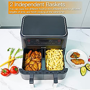 Air Fryer, 8 Quart Dual Zone Air Fryers Oilless Cooker with 2 Independent Nonstick Frying Baskets, 6-in-1 Cooking Functions Airfryer, Black