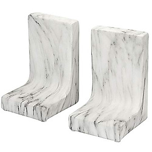 MyGift Marble Style White Ceramic L Shaped Decorative Bookends for Heavy Books Textbook Holders, 1 Pair