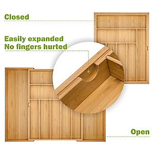 BAMEOS drawer organizer flatware organizer cutlery tray silverware organizer expandable adjustable bamboo drawer organizer kitchen bathroom