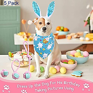 Dog Easter Bunny Costume, 5 Pieces Sequin Pet Rabbit Ears Headband Headwear, Rabbit Egg Bandana, Teething Chew Rope Ball Toy Set, Dog Easter Costumes for Small Medium Dogs Puppy Party Accessory (Blue)