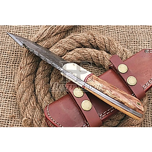 HUNTEX Handmade Hand-Forged Rain Drop Pattern Damascus Steel 9.5 Inch Long Full Tang Olive Wood Handle Razor Sharp Hunting Camping Gut Hook Knife w/Genuine Leather Pouch