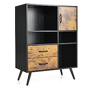 Giantex Buffet Cabinet with Storage, Industrial Kitchen Sideboard with 2 Large Drawers, 4 Open Compartments, Mid-Century Cupboard, Standing Organizer for Kitchen, Entryway