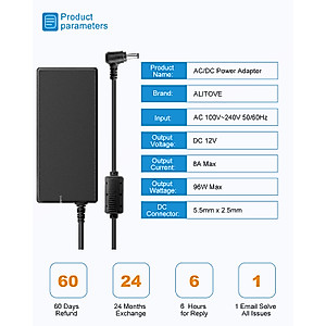 ALITOVE 12V 8A 96W Power Supply Adapter AC to DC Converter AC 100V ~ 240V to DC 12V 8amp Transformer LED Driver with 5.5x2.5mm DC Jack for 5050 3528 LED Strip Module Light, CCTV