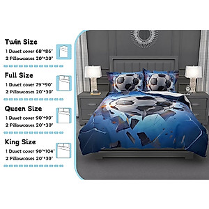 Lokaluo Football Duvet Cover Twin Size 3D Printed Sports Soccer Twin Duvet Cover Set Sports Theme Football Ball Cullet Bedding Set Bedroom Decor All Season 3 Pcs Comforter Cover with 2 Pillowcases