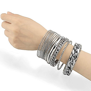 Ensoul Shiny Silver Color Multiple Textured Metal Bracelets & Bangles Set 14Pcs/Set W/Rhinestones