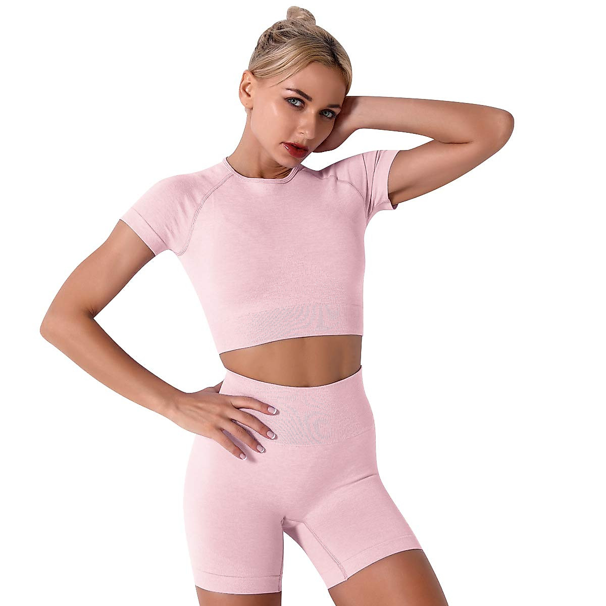 Women's Seamless Yoga Outfits 3 Pieces Workout Short Sleeve Crop Top + Camisole Tank Sports Bra + High Waisted Running Shorts Sets Biker Activewear Athletic Fitness Tracksuit Gym Clothes Pink Small