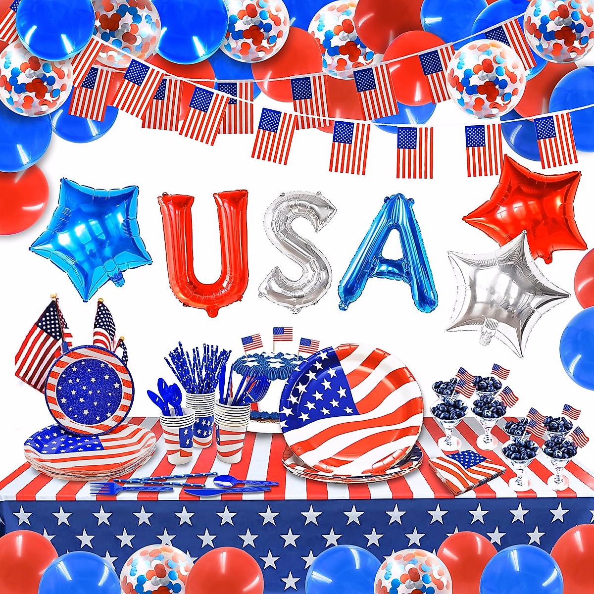 Party Spot! 315 pcs Labor Day Decorations, 4th of July Party decorations, Tableware for 25 Guests, Patriotic Party Decorations, Independence Day Decoration Supplies, “USA” Balloons, Tablecloth, Flag