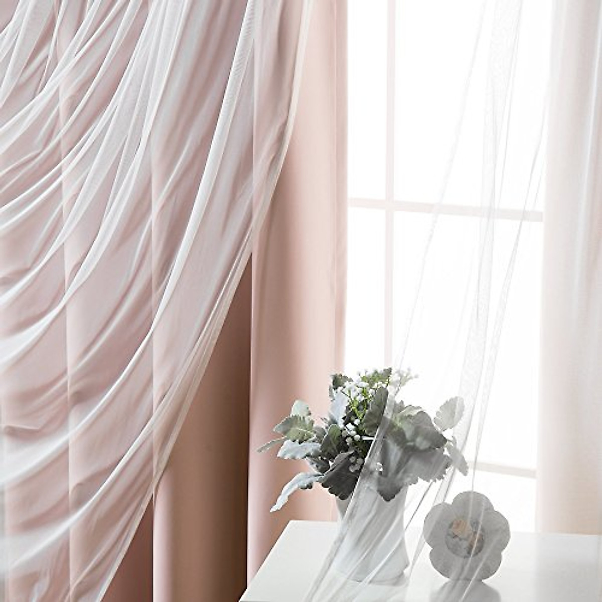 Best Home Fashion Mix & Match Tulle Sheer Lace & Blackout Curtain Set - Antique Bronze Grommet Top - Dusty Pink - 52"W X 84"L - (2 Curtains and 2 Sheer curtains)