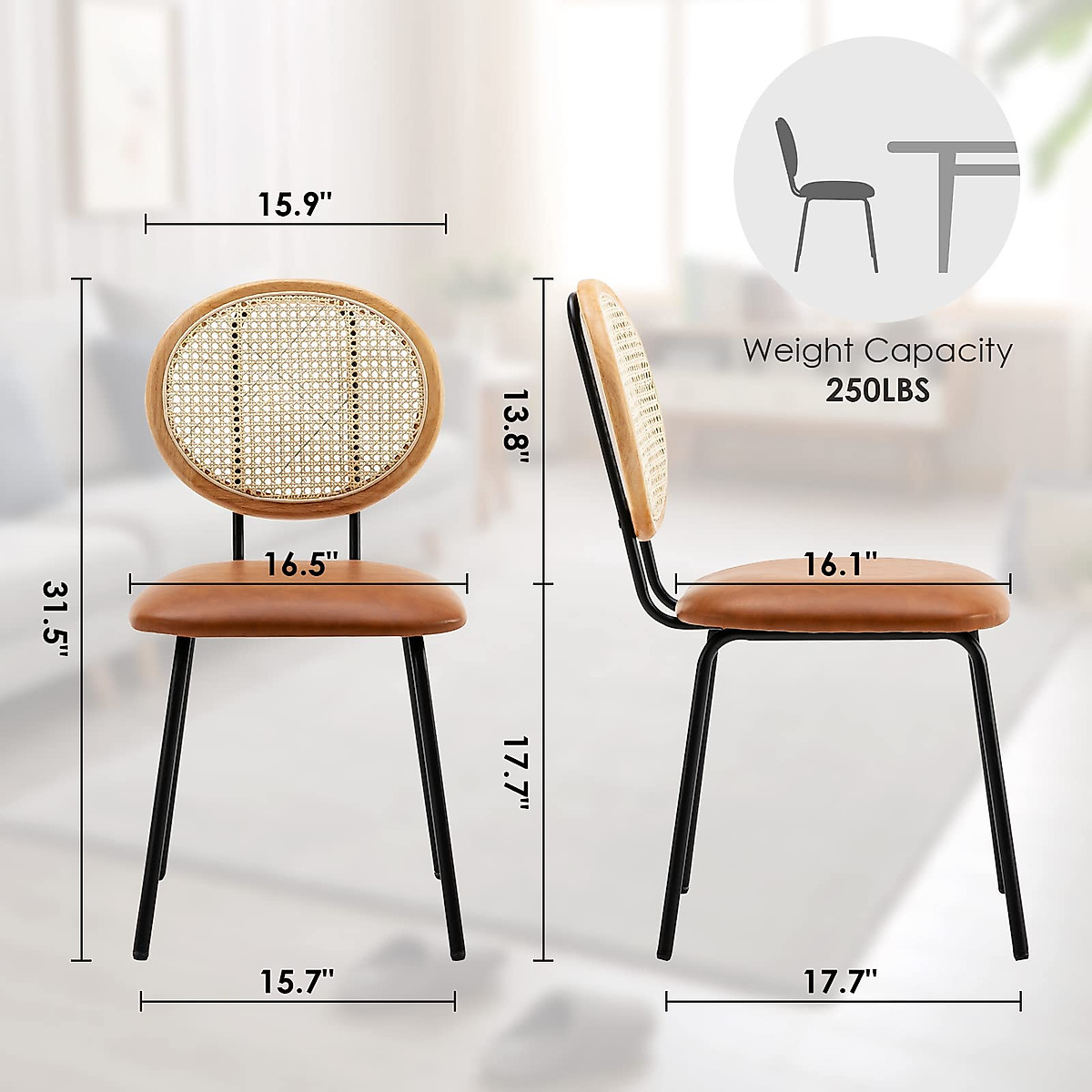 Soohow Faux Leather Indoor Kitchen Set of 2 with Rattan Backrest Modern Industrial Upholstered mid Century Metal Chair Set of 4 Suitable for Dining Room, 2 pcs, Whiskey Brown