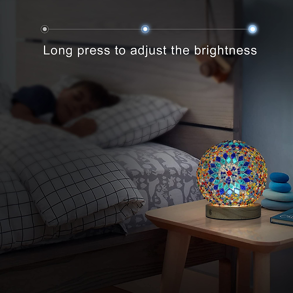 hanvate Turkish Style Handmade Night Light with Wooden BaseTurkish Table lamp with Infinitely Adjustable Brightness and USB Charging-fornightlight,Kids Room and Adult Room Bedroom Bedside Lamps