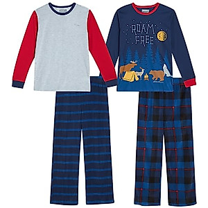 Eddie Bauer Boys' Pajama Set - 4 Piece Matching Fleece Graphic Pajama Tops and Pajama Pants for Boys (Sizes: XS-L), Size Medium, Blue/Grey