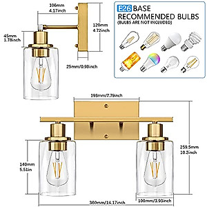 ShineTech 2-Light Gold Bathroom Vanity Light Fixtures, Modern Wall Lighting with Clear Glass, Brushed Brass Wall Sconce Light for Mirror, Living Room