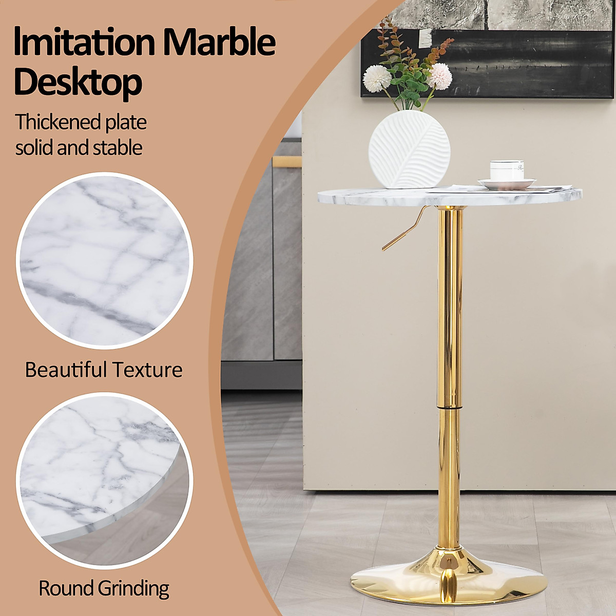 Finnhomy 24'' Round Cocktail Bar Table with Metal Base, Tall Bistro Pub Table, Adjustable 27.9''-35.4'' Counter Bar Height for Kitchen, Dining Room, Living Room, Easy Assembly, Gold