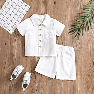 SHIBAOZI Toddler Baby Boys Clothes Set Button-down Shirt Tops + Cotton Linen Shorts Summer Outfit 2PCS with Pockets (White, 2-3T)