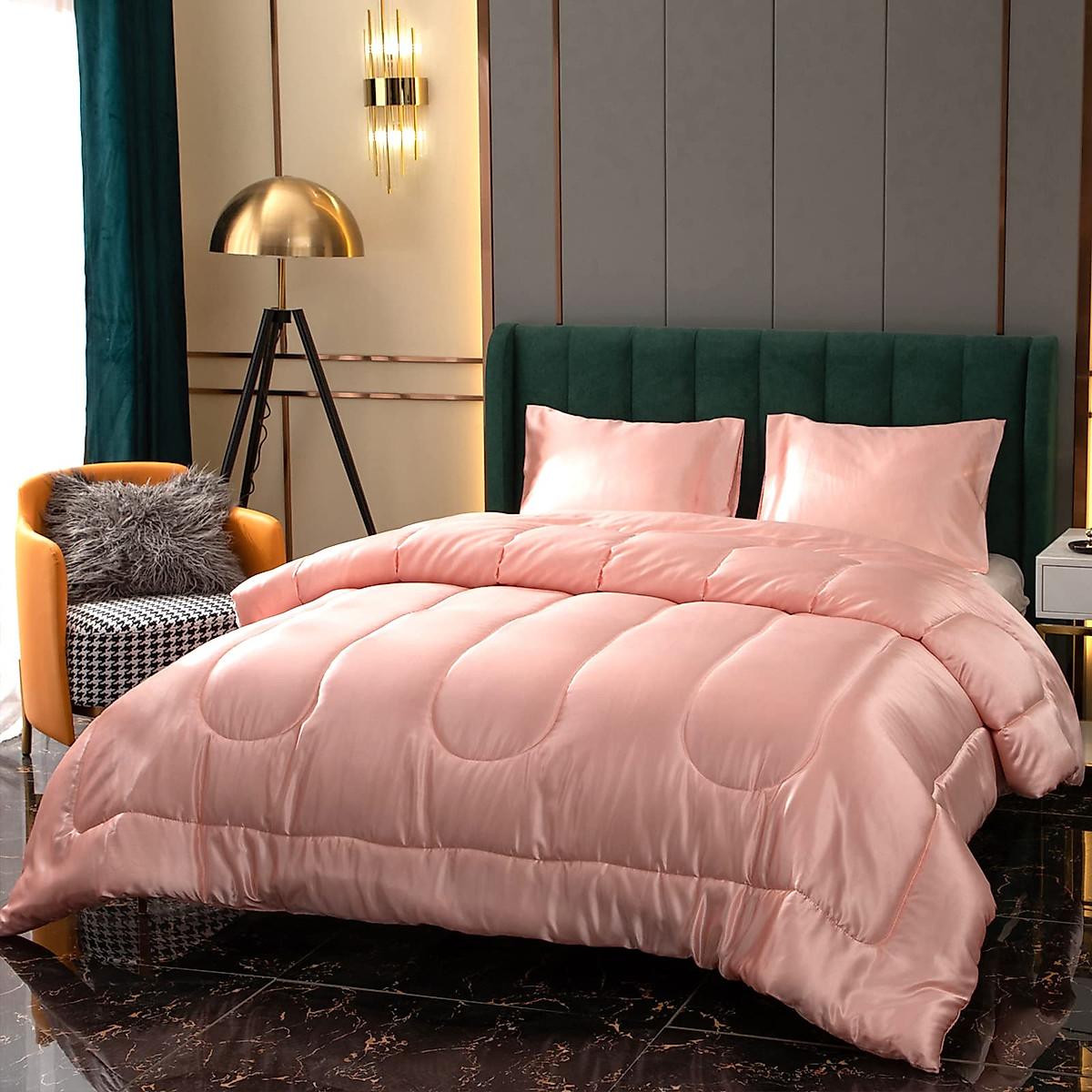 Satin Comforter Queen Silk Like Satin Comforter Down Alternative Comforter Soft Polyester Filling Silky Bed Comforter Pink Girls Comforter 1 Comforter 2 Pillowcase (Queen, Pink)