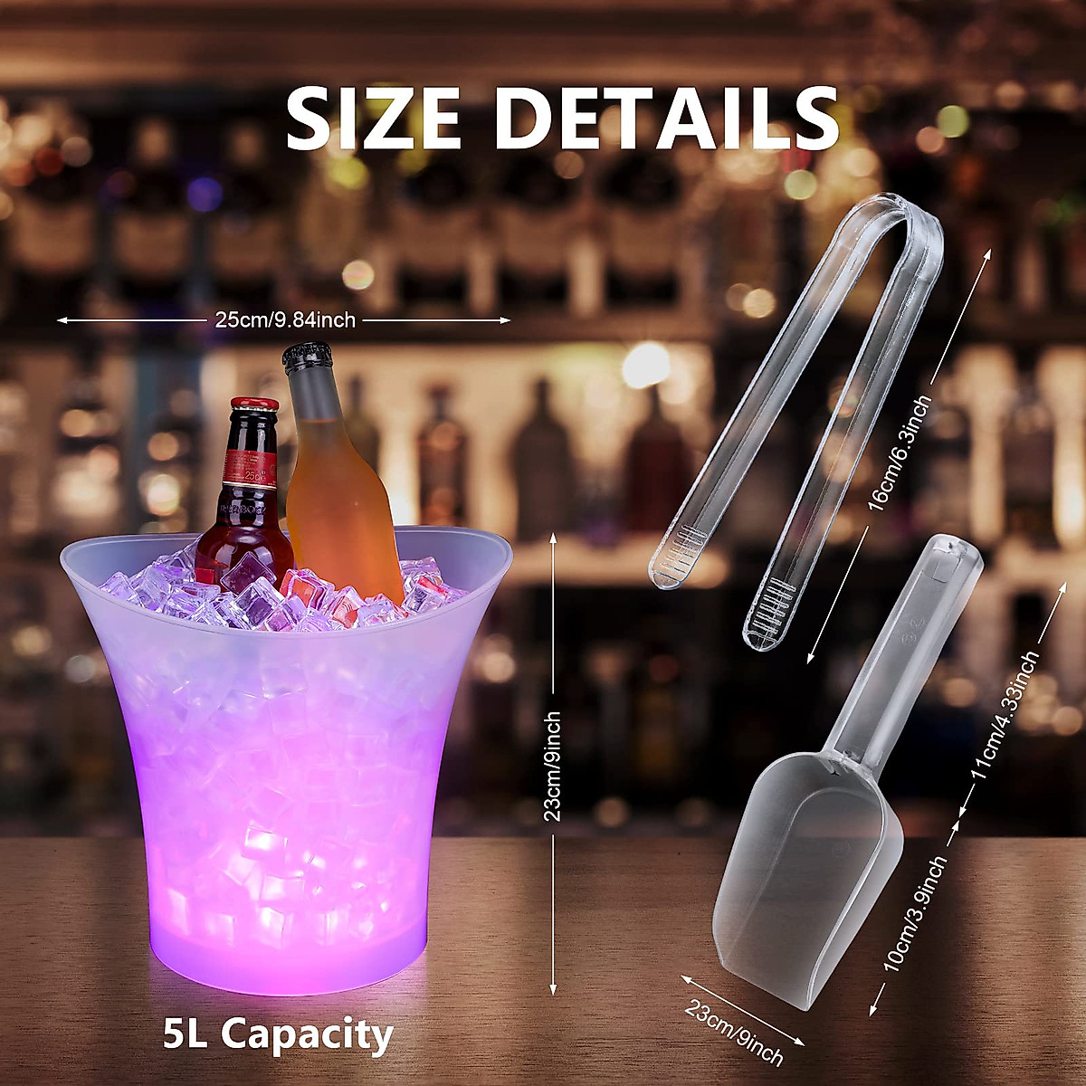 18 Pcs LED Ice Bucket Bulk with Scoop and Clip 5 L Ice Bucket 7 Color Changing LED Light Ice Bucket Acrylic Clear Beverage Champagne Beer Wine Cooler Bucket for Party Bar Club KTV Restaurant Home