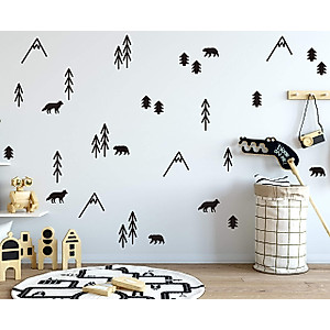 Woodland Animals, Trees and Mountains Wall Decals, Vinyl Stickers for Bedroom, Living Room, School, Nursery Wall Decals, Room Decor A44 (Black)