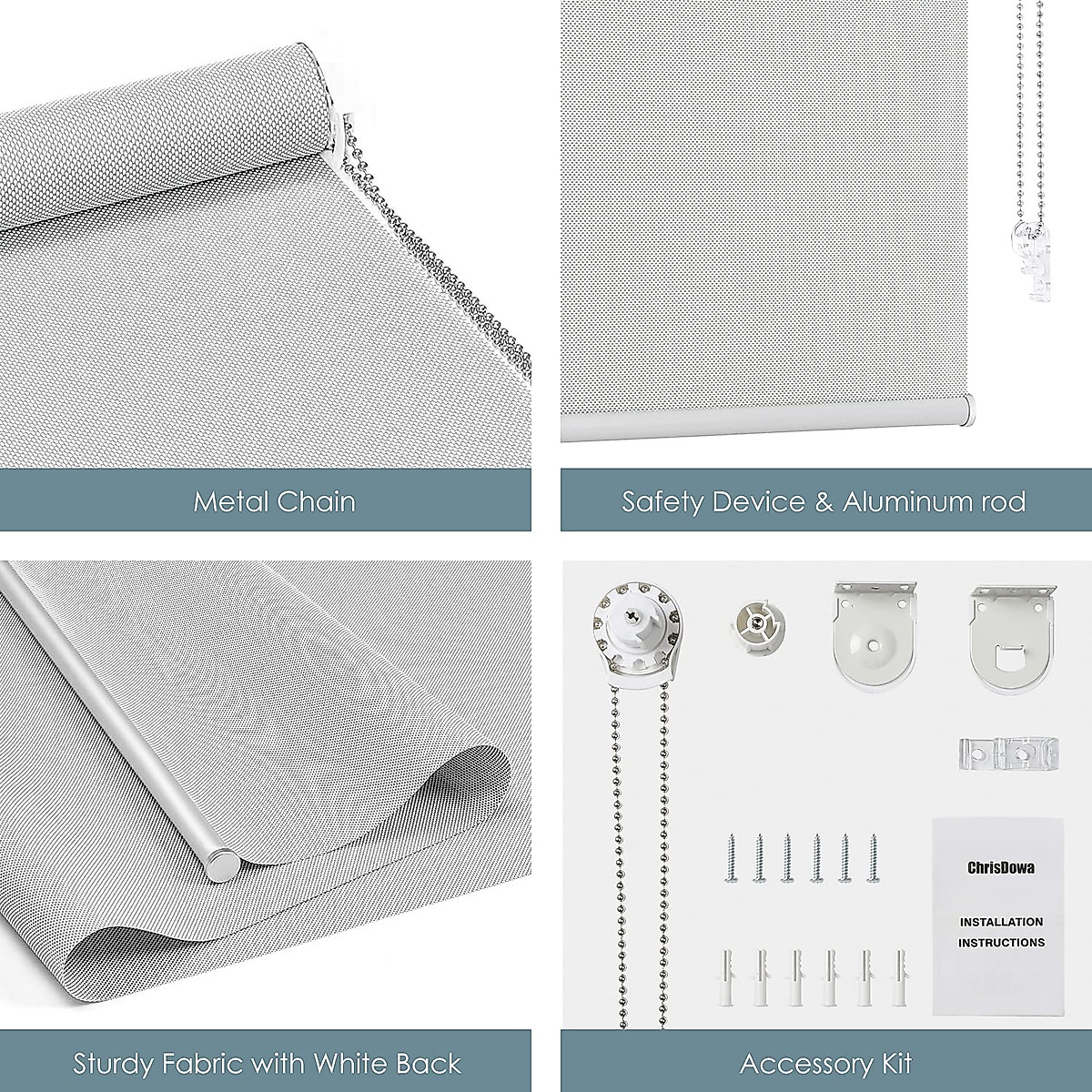 ChrisDowa Light Filtering Roller Shades, with 5% openness Solar Screen, UV Protection Fabric. Solar Semi Sheer Roller Blinds for Office and Home. Easy to Install.Grey,20" W x 72" H