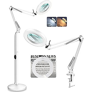 TOMSOO 4-in-1 Magnifying Glass with Light, White/Warm White Lighted Magnifier Lens - Adjustable Swivel Arm Full Spectrum LED Magnifying Floor Lamp with Clamp for Reading, Crafts, Close Work (White)