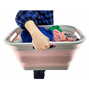 SAMMART 30L (8 gallon) Collapsible Plastic Laundry Basket-Foldable Pop Up Storage Container/Organizer-Portable Washing Tub-Space Saving Hamper/Basket (1, Grey/Pale Pink)